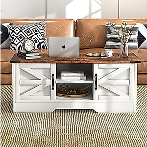 oneinmil Coffee Table with Barn Doors, Farmhouse Center Table with Storage, Modern Rustic Style Wooden Living Room Table, White