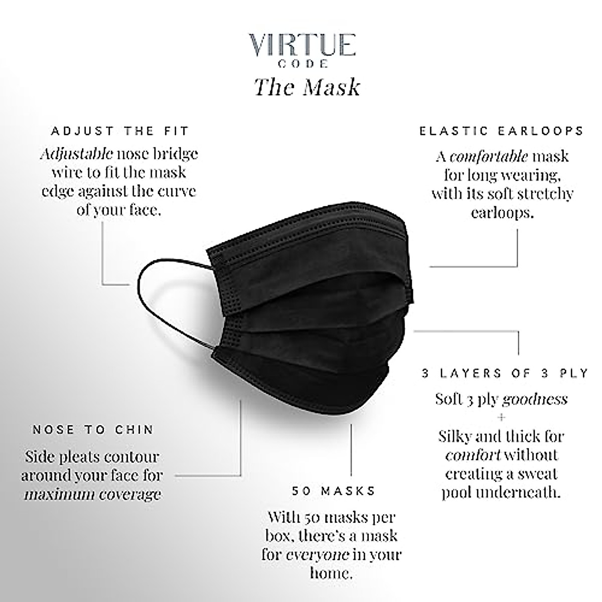 VIRTUE CODE Seamless Essentials Face Masks - Soft 3 Ply Comfort Face Masks, Colorful Disposable Face Mask 50 Pack. Twilight Colored Masks. Adults Mens and Womens Disposable Face Masks