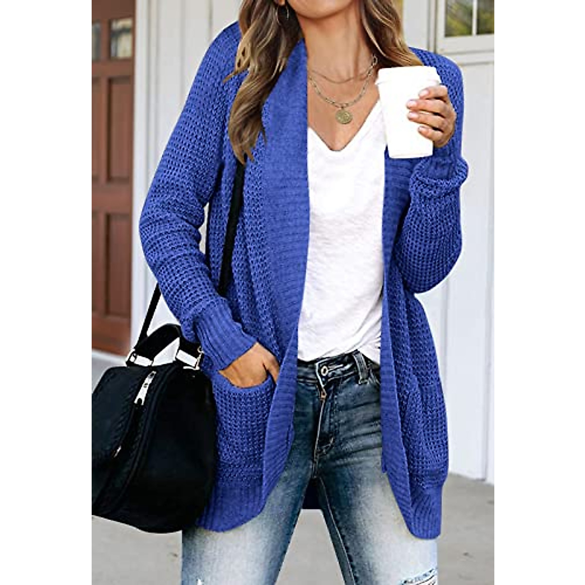 ZESICA Women's 2023 Long Sleeve Open Front Casual Lightweight Soft Knit Cardigan Sweater Outerwear,Blue,Medium