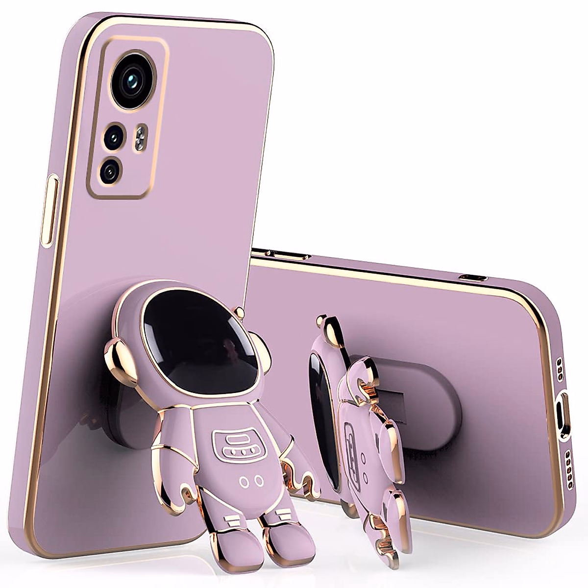 Compatible with Redmi Note 12s Case with Plating Creative Astronaut Cartoon Holder Pink, Xiaomi Redmi Note 12s Phone Case Silicone Shockproof Stand Soft TPU Protective Slim Cover (Purple)