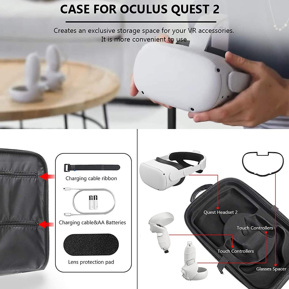 Esimen Fashion Travel Case for Oculus Quest 2 VR Gaming Headset Elite Strap and Controllers Accessories Carrying Bag (Gray)