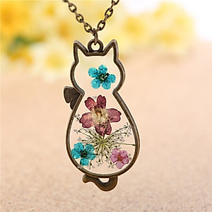 MXXGMYJ Multicolor Dried Flower Necklace for Women Cute Cat Pendant Necklace Pressed Flower Necklace Nature Gifts for Women Cat Lovers