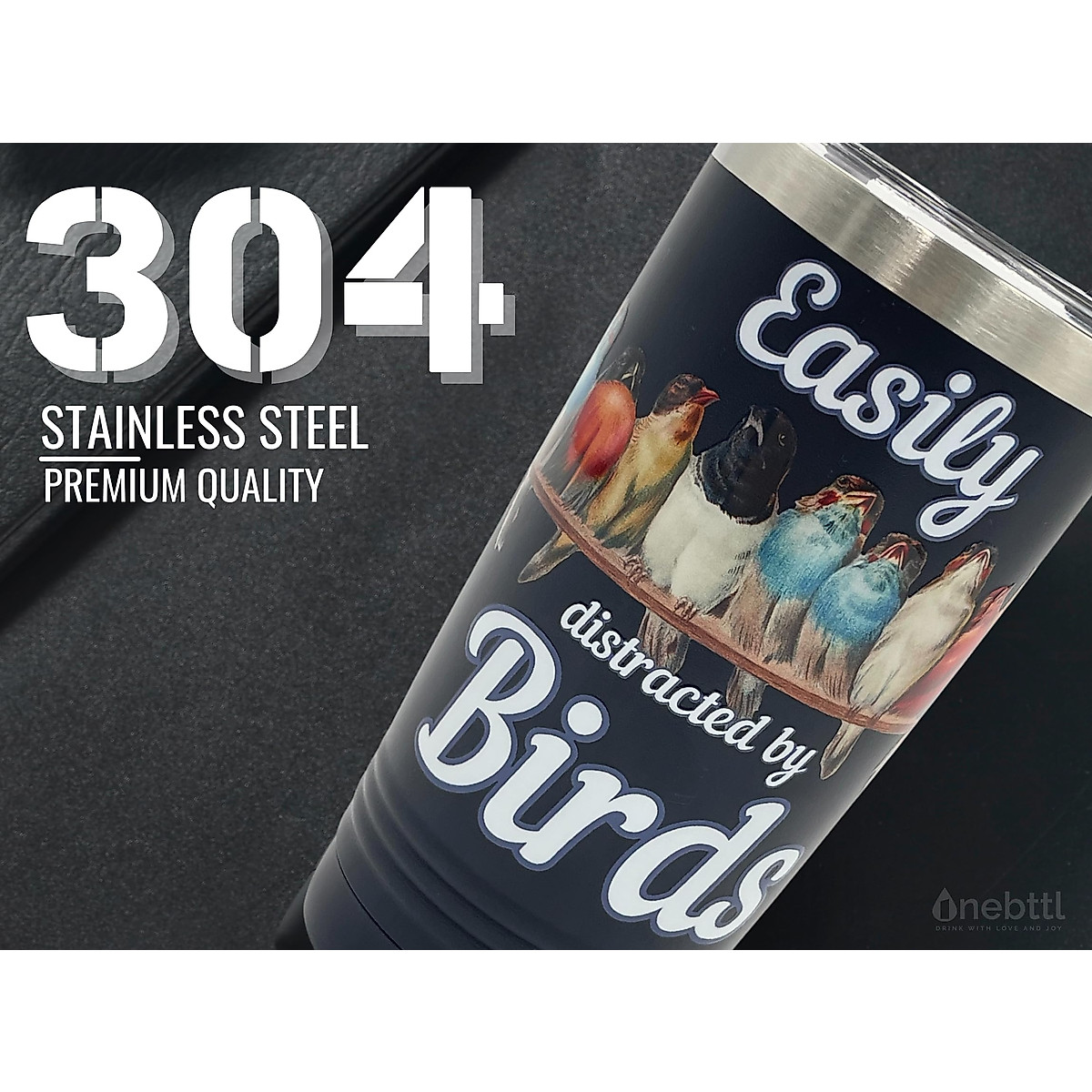 Onebttl Bird Watching Tumbler, 20oz Stainless Steel Insulated with Lid & Straw, Gift Card & Box Included, Perfect for Bird Lovers & Watchers, Birthday Gift - 360 Black