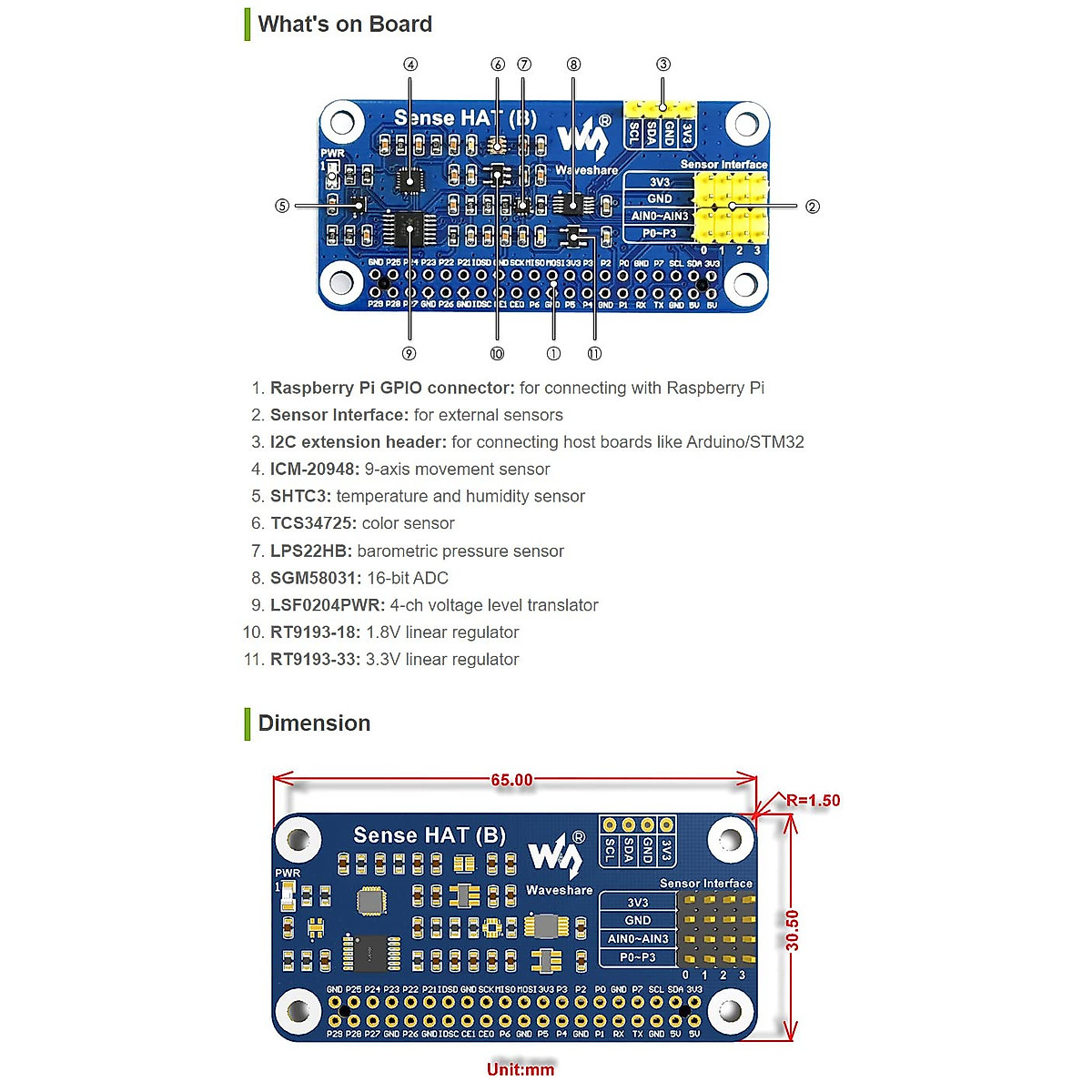 Waveshare Sense HAT (B) for Raspberry Pi Onboard Multi Powerful Sensors Supports External Sensors