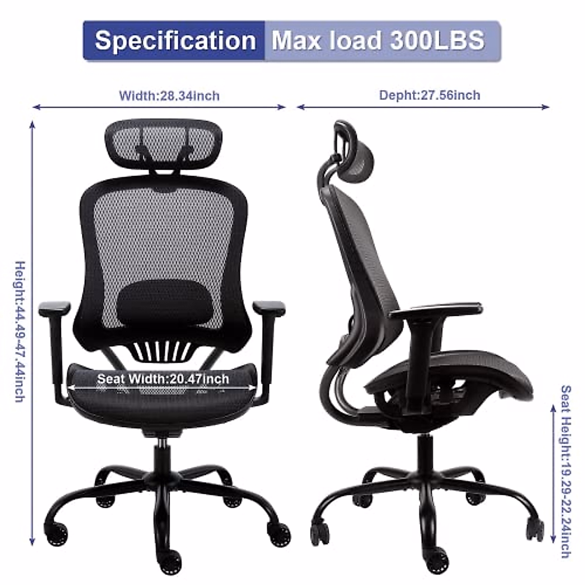 Komene Ergonomic Office Chair High Back Computer Chair Breathable Mesh Desk Chair, Adjustable Headrest and Lumbar Support with 3D Armrest Heavy-Duty Swivel Task Chair, Maximum Load 300lbs