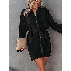 Dokotoo Casual Spring Dresses for Women 2024 Fashion Vintage V Neck Button Down Front Teacher Pleated Swing Long Sleeve A Line Graduation Satin Mini Birthday Sweater Shirt Dress with Belt Black Small