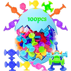 100pcs Suction Bath Toys for Baby Kids, Bath Toy Silicone Construction Building Blocks Montessori Sensory Toy for 3 4 5 6 7 8 Years Old Toddlers Boys Girls with Egg Storage