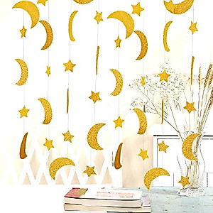 50ft Glitter Moon & Stars Garlands, 6 Pack Gold Double-Side Crescent and Twinkle Stars Paper Hanging Decorations for Birthday Party Baby Shower Engagement Wedding for Nursery Kids Room Home Bedroom