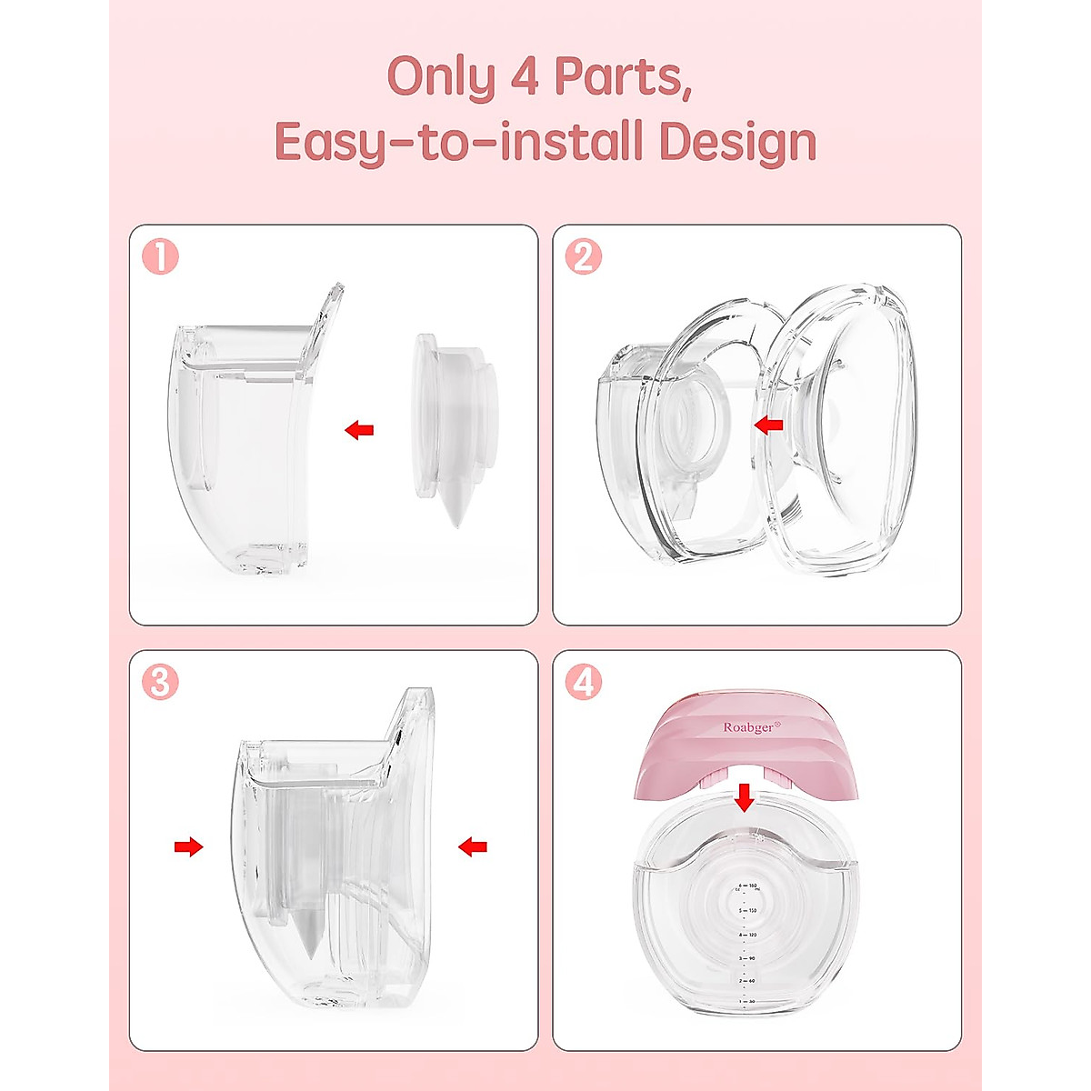 Roabger Breast Pump, Hands Free Breast Pump, Wearable Breast Pump with 3 Modes & 8 Levels, Electric Breast Pumps with Time Display, Easy Assemble & Clean, 19mm/21mm/24mm/27mm Flange, 2Pack