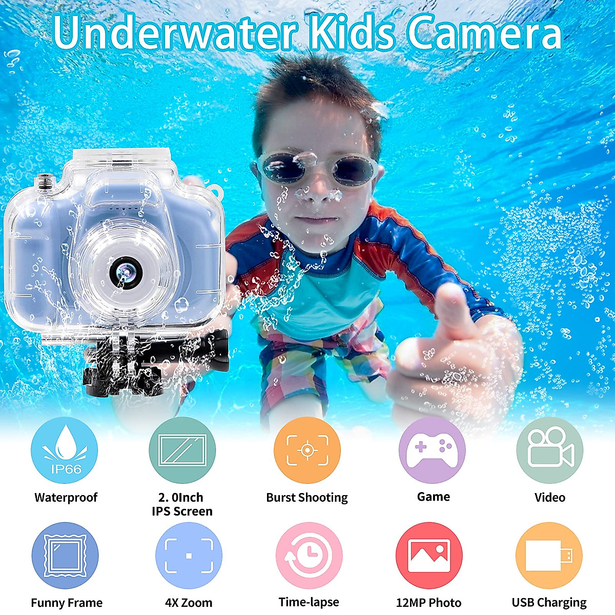 Kids Camera Waterproof Underwater Camera for 3-12 Year Old Boys Girls 2 Inch IPS Screen 1080P HD Digital Kids Video Camera Indoor Outdoor Action Cameras Best Christmas Birthday Gifts