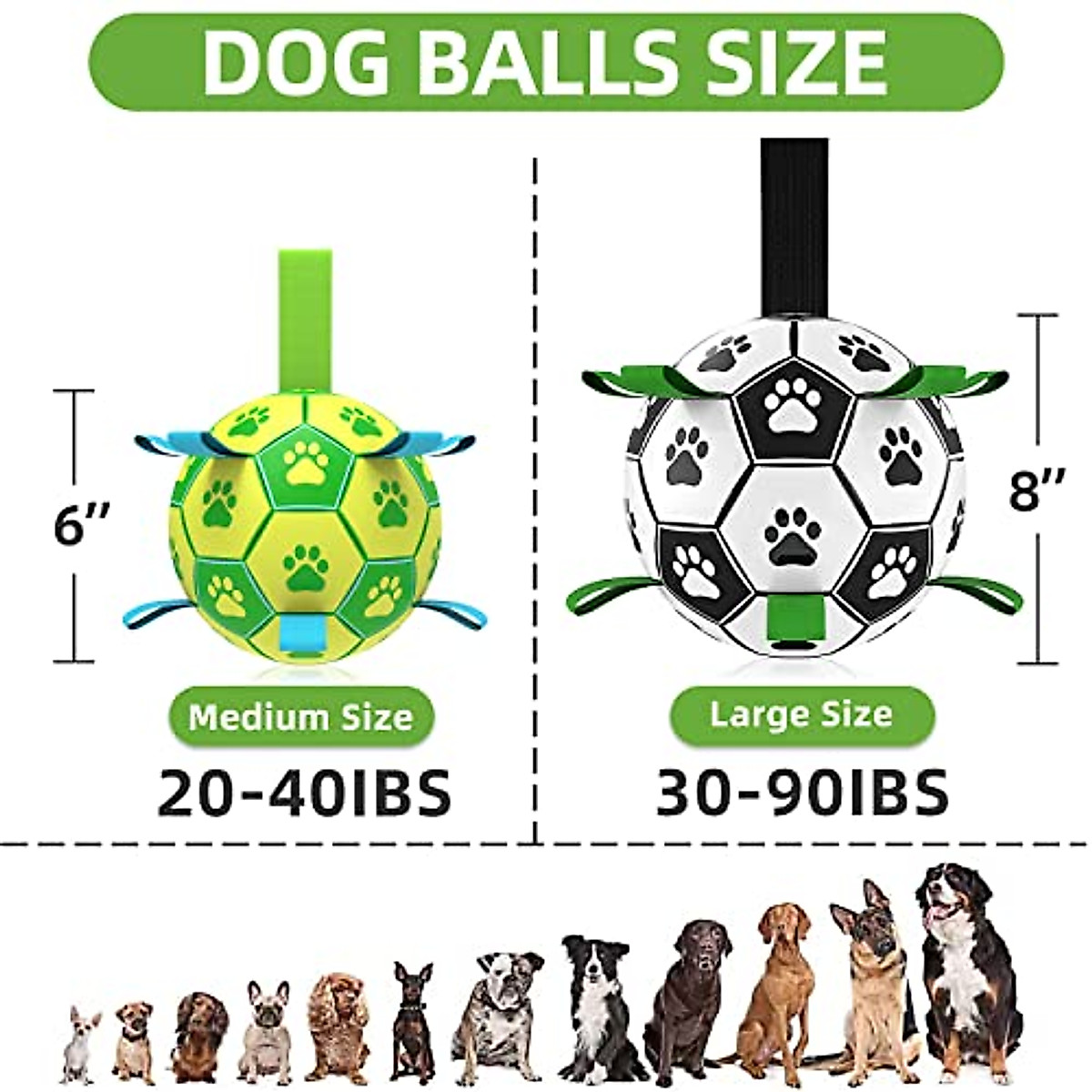 QDAN Dog Toys Soccer Ball, Interactive Dog Toys for Tug of War, Dog Tug Toy, Dog Water Toy, Durable Dog Balls for Small & Medium Dogs-Green&Yellow(6 inch)