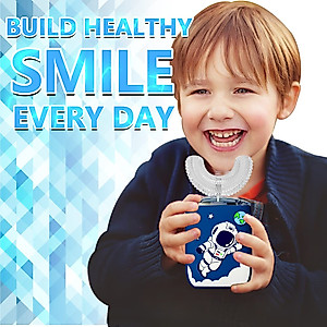 Kids Ultrasonic Electric Toothbrush, U Shaped Rechargeable Automatic Toothbrushes with Replacement Brush 6 Cleaning Mode Smart Timer 360° Sonic Dental Care for Ages 2-7 Child (Blue)