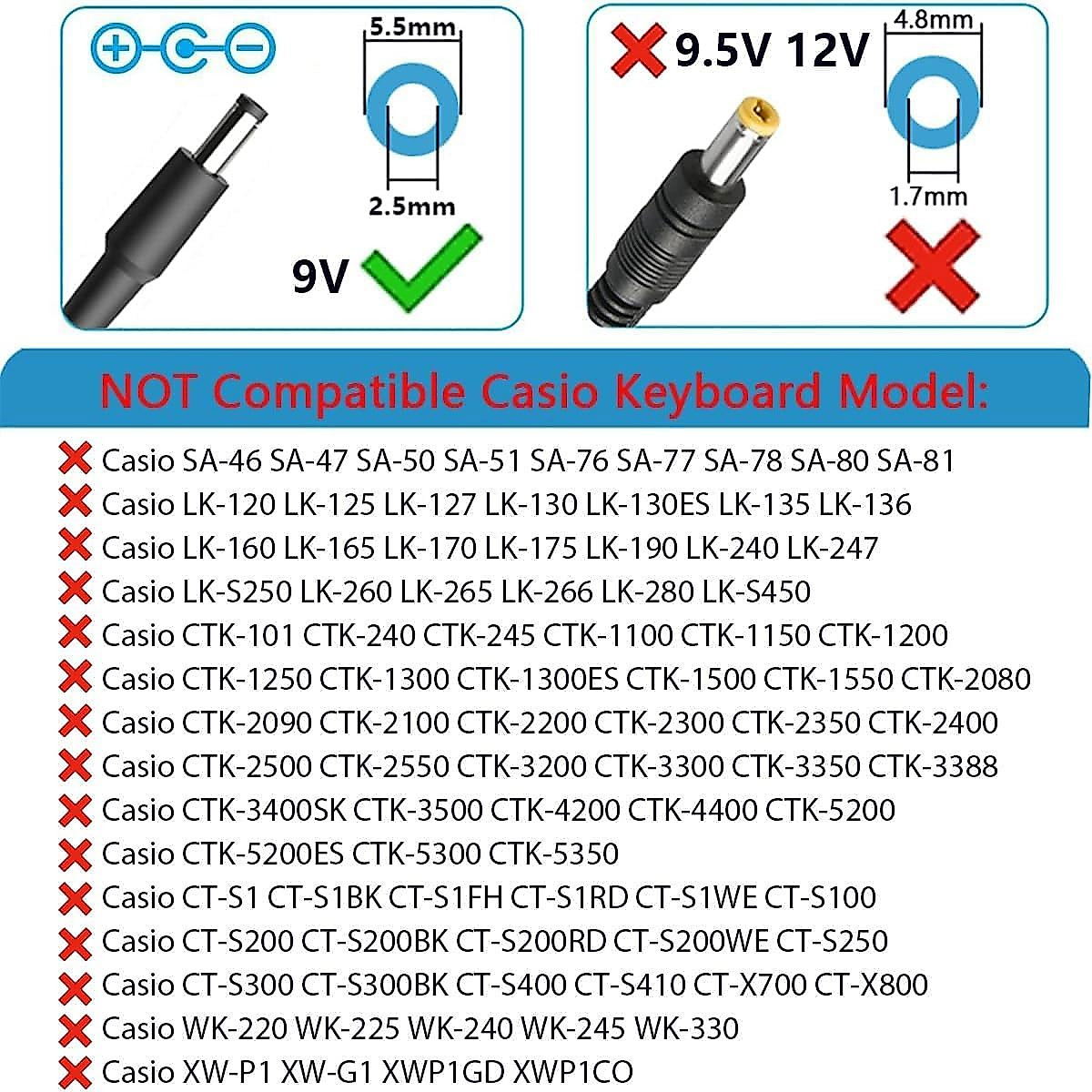 DC 9V Power Adapter for Casio Keyboard WK-110 WK-200 WK-210 CTK-720 CTK-710