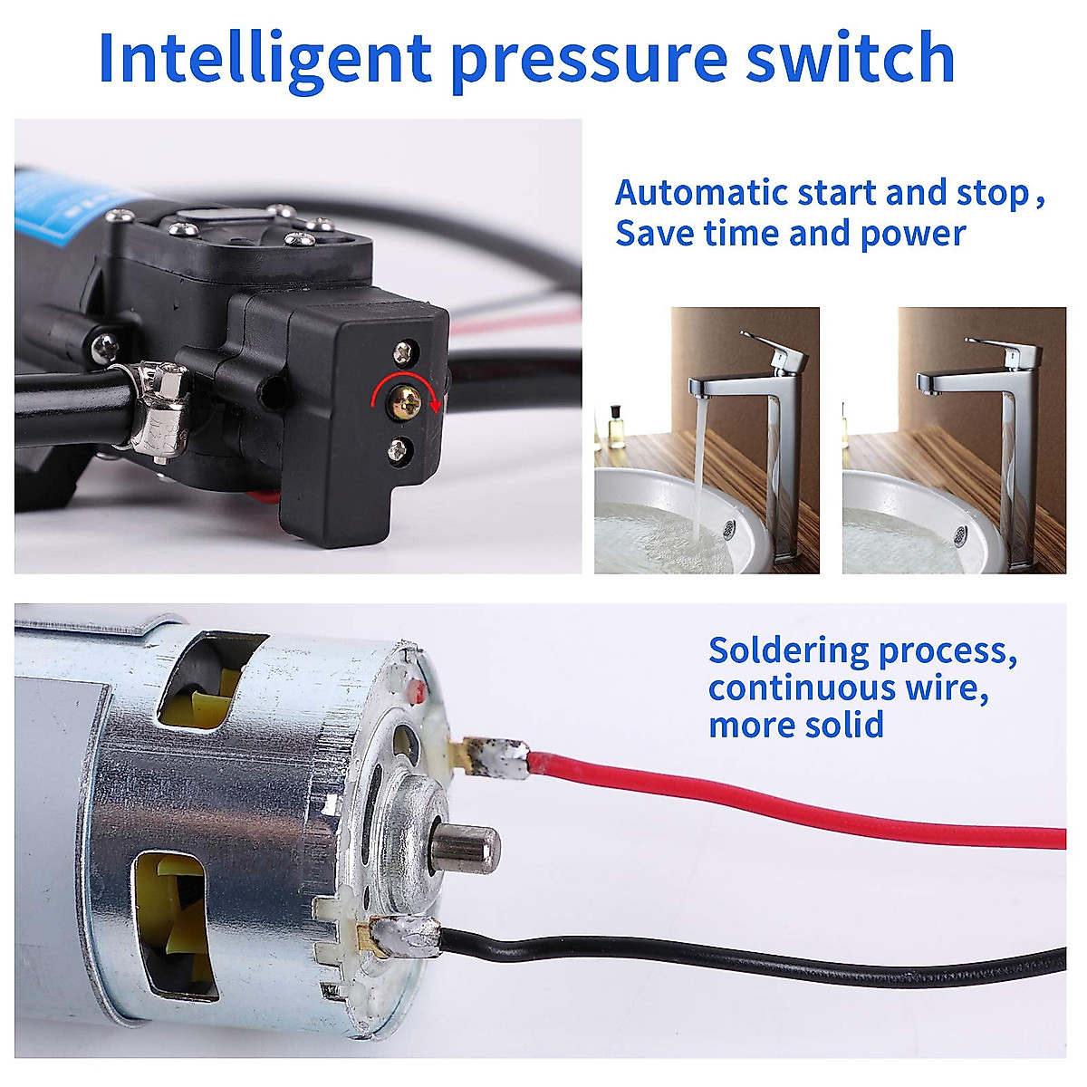 Aimela 12V DC Fresh Water Pump with 2 Hose Clamps,Self Priming Sprayer Pump with Pressure Switch,12 Volt High Pressure Pump Diaphragms,4.5 L/Min 1.2 GPM 85 PSI Adjustable for Spray,Marine,Lawn