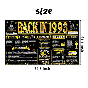 Large 30th Birthday Decorations Back in 1993 Banner Backdrop for Men Women, Black Gold Happy 30 Birthday Sign Party Supplies, Thirty Years Birthday Poster Photo Background Decor for Indoor Outdoor