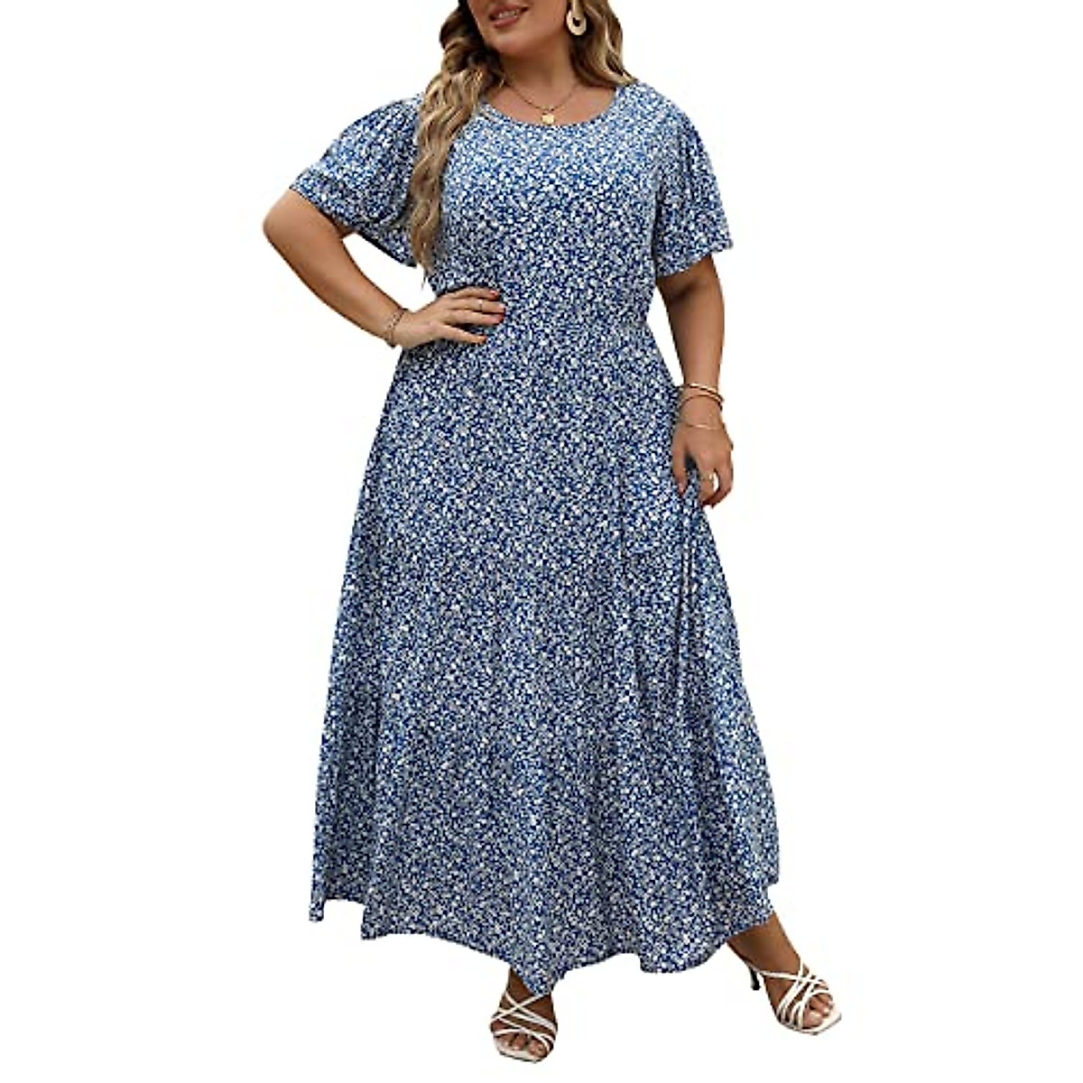 Nemidor Womens Plus Size Boho Ditsy Floral Print Casual Layered Flared Maxi Dress with Pocket NEM304(22,Blue White)