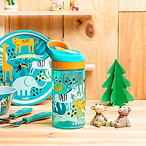 zak! Safari - 5-Piece Dinnerware Set - Durable Plastic & Stainless Steel - Includes Water Bottle, 8-Inch Plate, 6-Inch Bowl, Fork & Spoon - Suitable for Kids Ages 3+