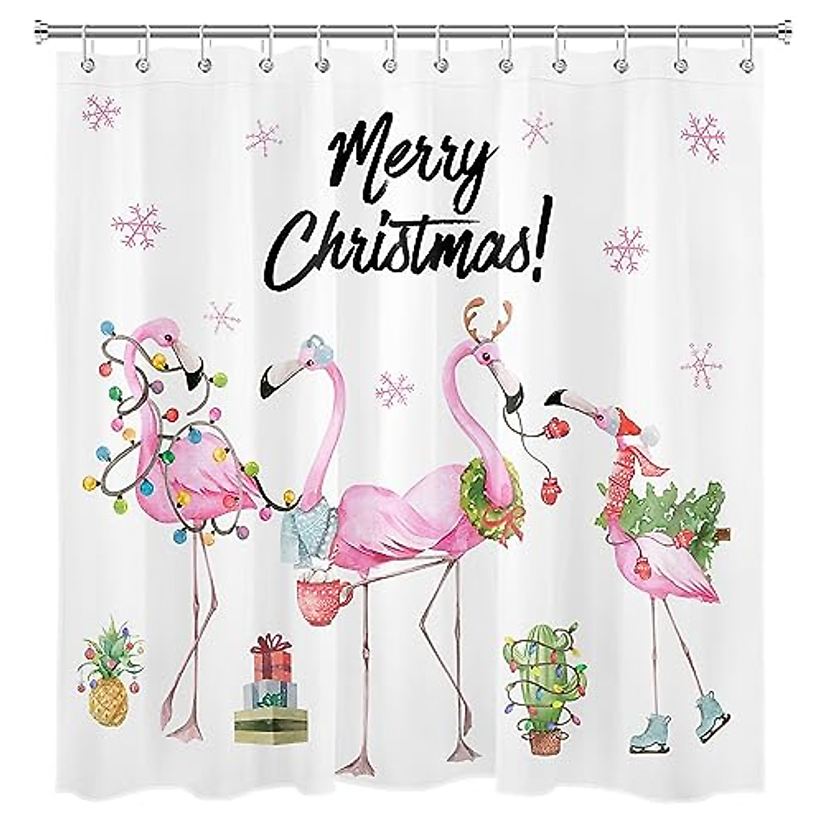WEENEO Merry Christmas Shower Curtain Funny Pink Flamingo and Cactus Plant with Xmas Decorations on White Shower Curtain for Bathroom Winter Holiday Fabric Bath Curtain with 12pcs Hooks,78x72 Inch