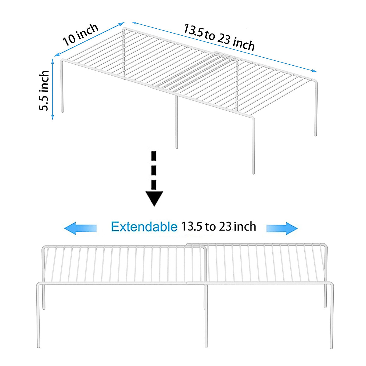Redrubbit Cabinet Storage Shelf Rack, 4 Piece Expandable Metal Rustproof Kitchen Counter and Cabinet Shelf, Storage Rack Organizer Space Saver for Kitchen, Fridge, Cabinet, Bathroom, White, Set of 2