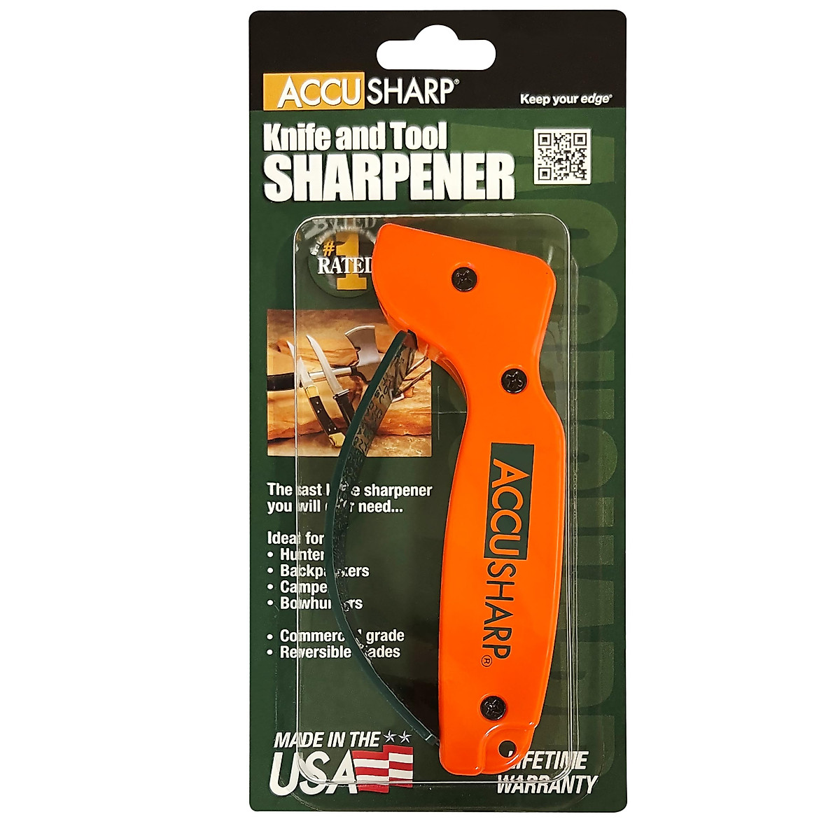 AccuSharp Knife Sharpener, Ergonomic Comfortable Handle, Compact & Easy to Use, Restore and Hone Straight & Serrated Knives, Blaze Orange