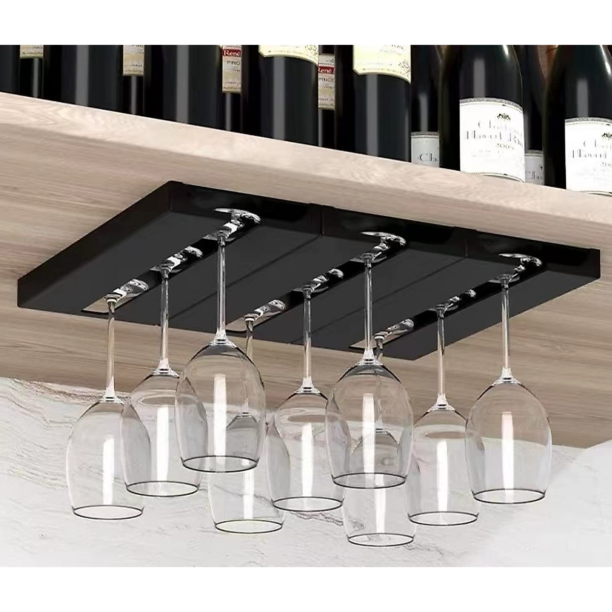 Manwo 2 Pack Wine Glass Holder Under Shelf or Cabinet Punch-free Wine Glass Rack Plastic Stemware Rack Glassware Drying Storage Hanger for Kitchen,Bar and Restaurant(Black)
