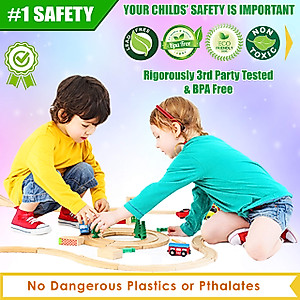 Wooden Train Tracks Full Set, Deluxe 55 Pcs with 3 Destination Fits Thomas, Brio, IKEA, Chuggington, Imaginarium, Melissa and Doug - Best Gifts for Kids Toddler Boys and Girls