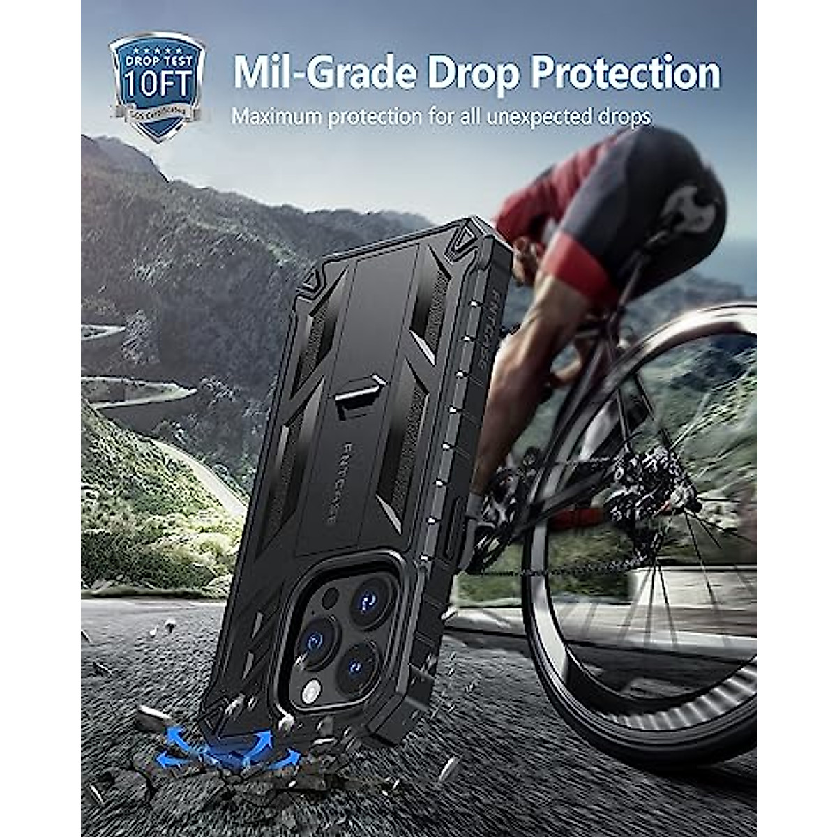 FNTCASE for iPhone 14-Pro Phone Case: for iPhone 13 Pro Cases | Military Grade Drop Proof Protection Mobile Cover with Kickstand | Matte Textured Rugged Shockproof TPU | Protective Sturdy - Black