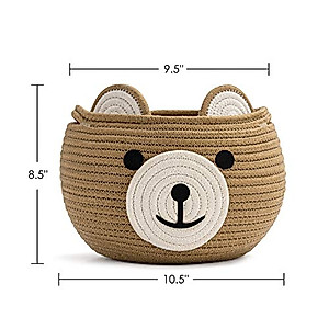CherryNow Cute Bear Round Basket - Cotton Rope Baskets in Living Room Woven Baby Shower Basket Bedroom Storage Bakset for Children Corner Plant Basket Indoor, Brown, 10.5"D x 8.5"H