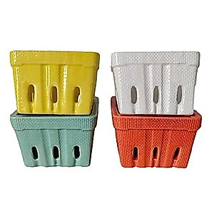 First of a Kind Stoneware Berry Baskets - Set of 4 Berry Containers Bowl - Textured Design - 4.25 Inch Square Kitchen Fruit Basket, Farmhouse Ceramic Berry Basket Bins for Veggie, & Fruits (Style 6)