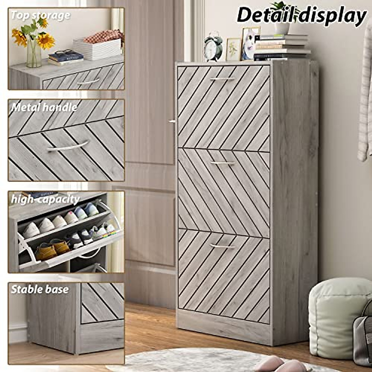 DiDuGo Shoe Cabinet with 3 Flip Drawers, Slanted Design, Shoe Organizer for Hallway Entryway Light Grey (22.4”W x 9.4”D x 42.3”H)
