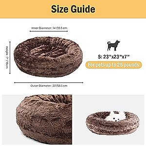 Veehoo Calming Dog Bed & Cat Bed, Anti-Anxiety Small Dog Beds for Medium Dogs, Washable Donut Round Pet Bed with Fluffy Faux Fur for Puppy and Kitten, 23x23 inch, Brown