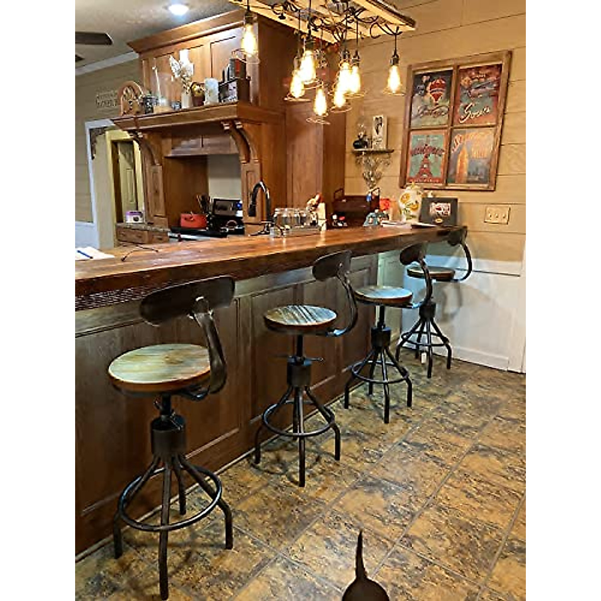 LOKKHAN Set of 2 Rustic Industrial Bar Stool-24-30 Adjustable Metal Swivel Wooden Top Barstools-Counter Height Extra Tall Bar Height-Vintage Farmhouse Kitchen Breakfast Cafe Stool-with Backrest