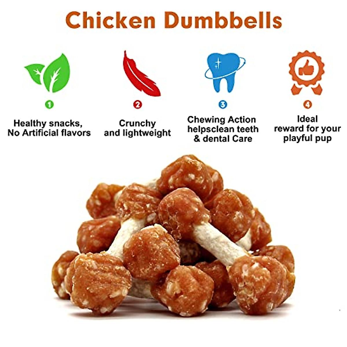 MON2SUN Dog Treats, 16oz Mini Rawhide Dog Chews, Chicken Dumbbells with Rice for Small Dogs & Toy Breed, Promotes Dental Health (2.5 Inch 30 Count)