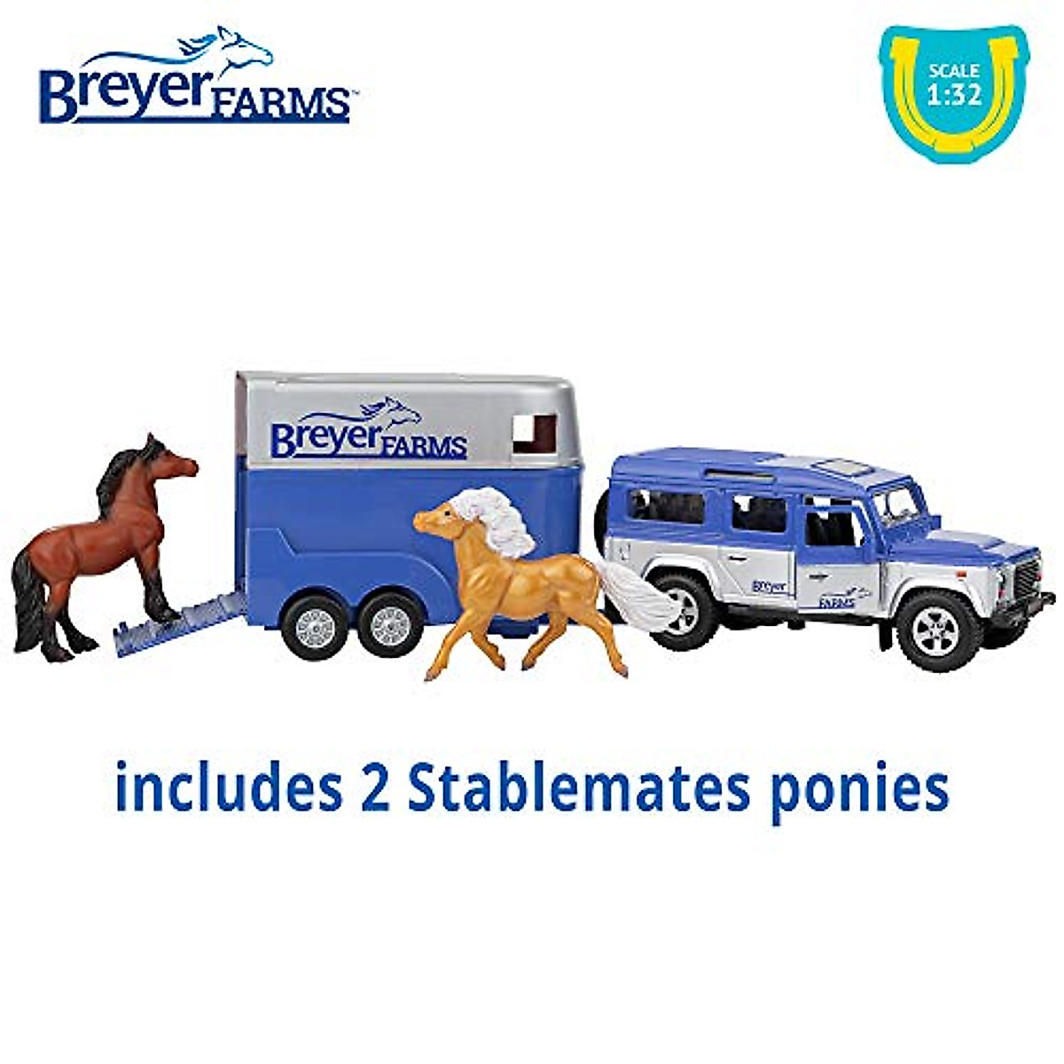Breyer Horses Farms Land Rover and Tag-a-Long Trailer and Playset | Die Cast | 3.25” H x 10.5” L x 2.5” D | 2 Stablemates Horses Included | 1:32 Scale | Model #59216, Multi