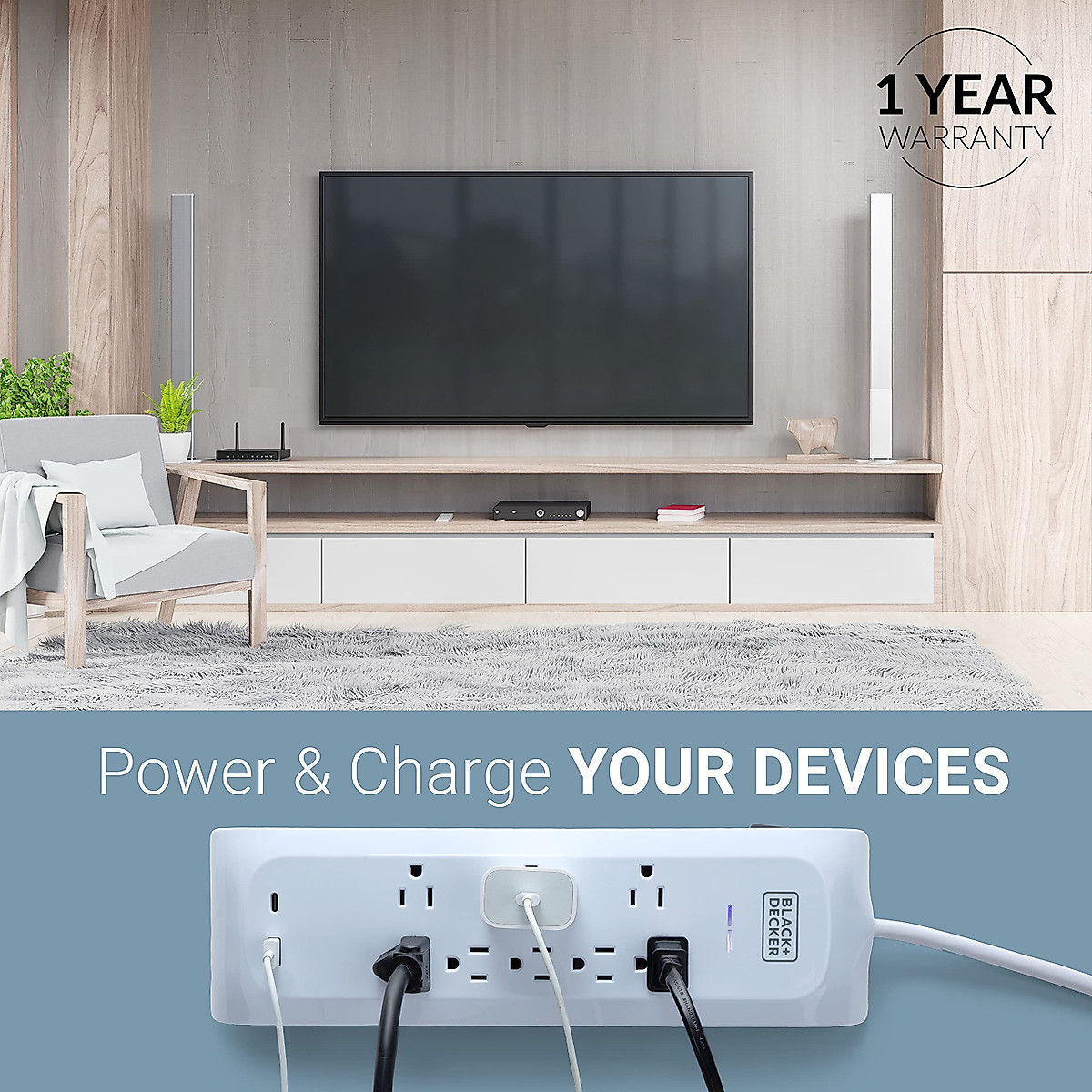 BLACK+DECKER Power Strip Extension Cord with 3 Grounded Outlets, 2 USB Charging Ports, 5 ft Cable - Indoor Charging Station Outlet Strip with Flat Plug - Premium Electrical Outlets & Accessories