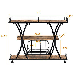 CALABASH Industrial Serving Bar Cart with Storage,3 Tier Shelf Wooden Metal Rustic Freestanding Floor Wine Coffee Rack,Modern Home Portable Mini Bar Liquor Cart (33.66")