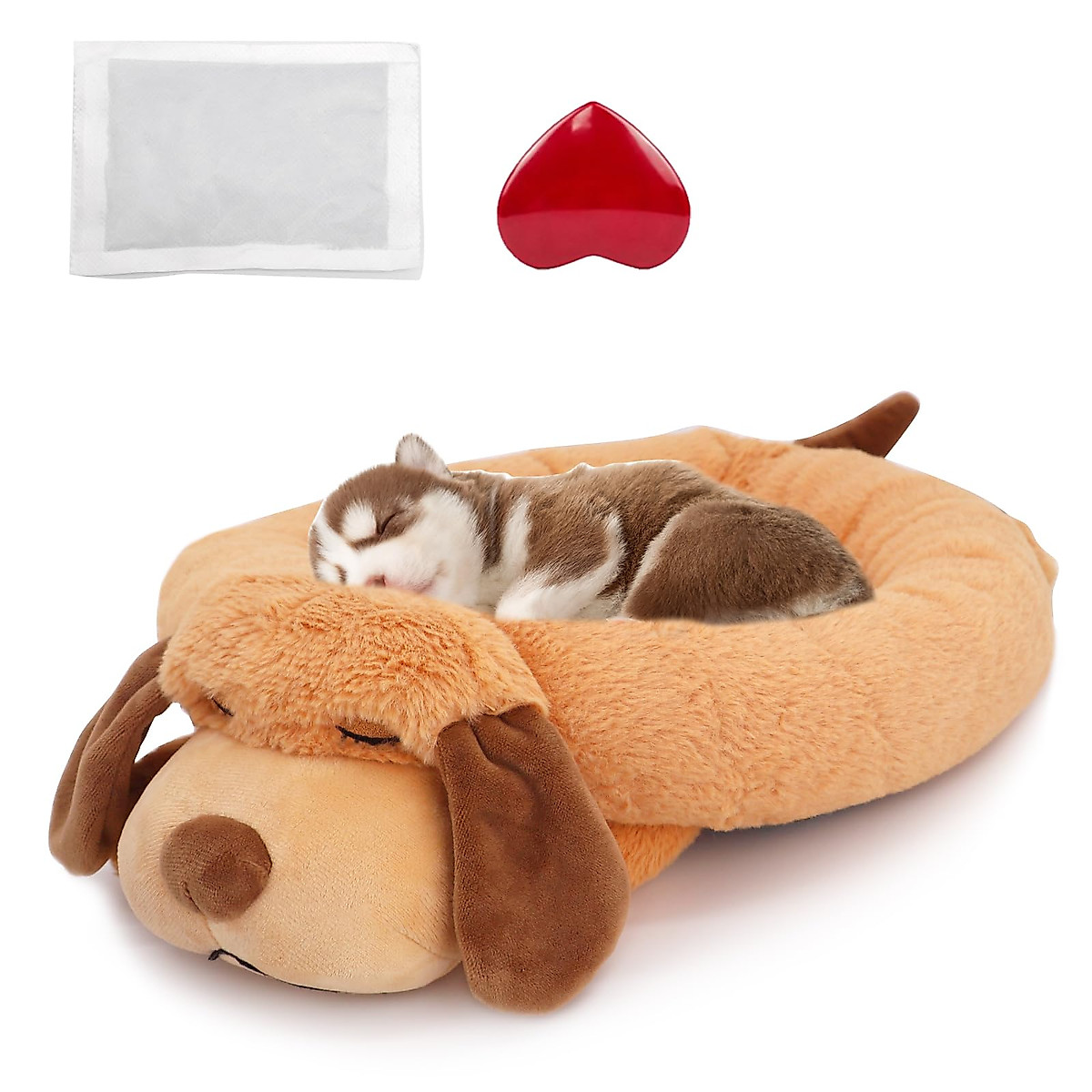 vocheer Heartbeat Puppy for Dogs Bed Anxiety Relief Plush Stuffed Animal Dog First Aid Kit with 1 Heating Pack,Small Size, 17 * 13.8", Light Brown