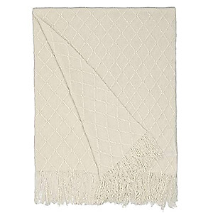 Decorative Diamond Pattern Knit Throw Blanket with Fringe, White