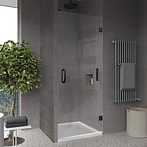Single Swing Hinge Glass Shower Door Ravello Series 28"x80" with Matte Black Finish - 3/8" Tempered Glass with Smart Guard Easy Clean Coating - Frameless Hinge Shower Door by Fab Glass and Mirror