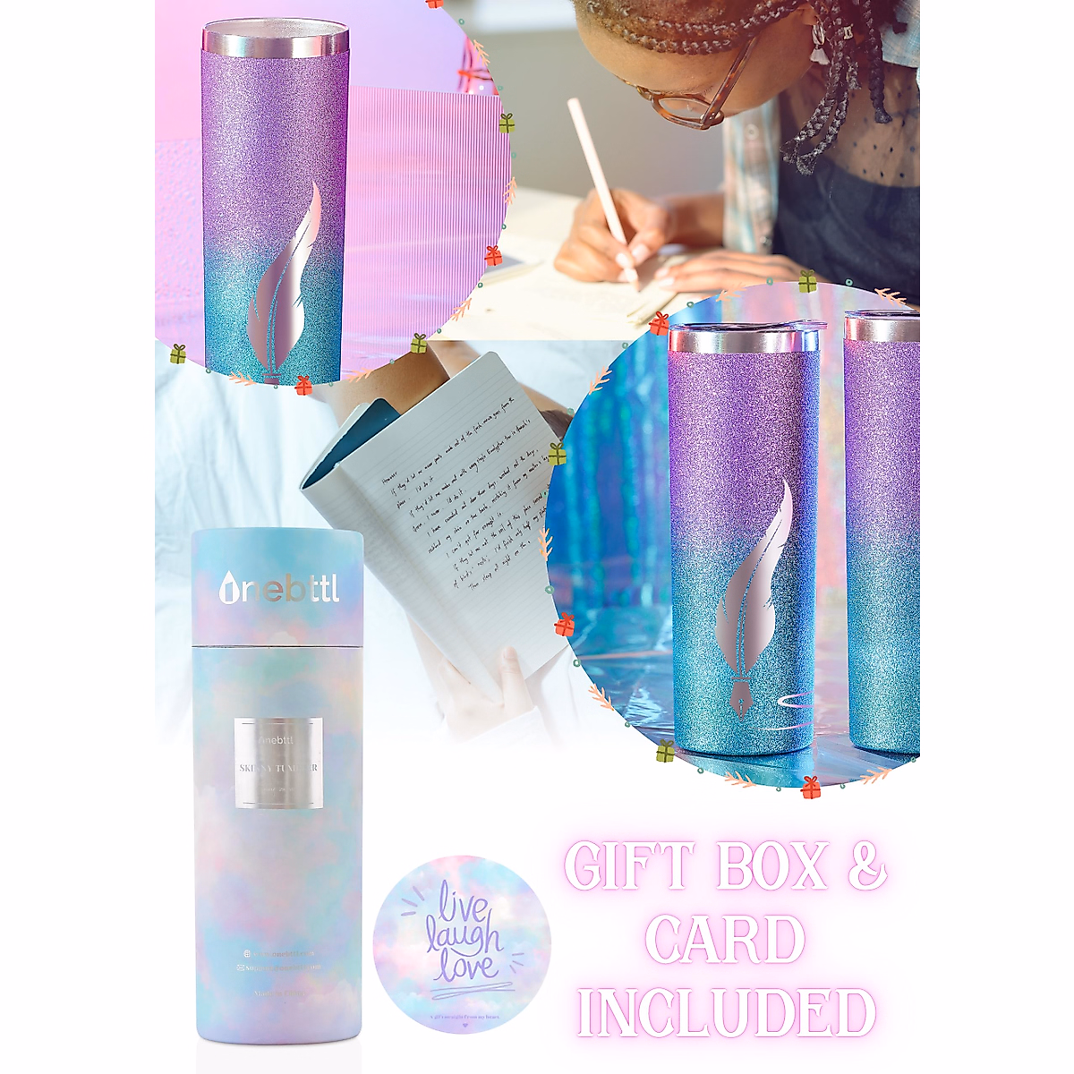 Onebttl Writer Gifts for Women - 20oz/590ml Skinny Glitter Stainless Steel Insulated Tumbler with Straw - Graduation/Birthday/Christmas Gift for Writers, Novelist, Scriptwriter- Feather Pen