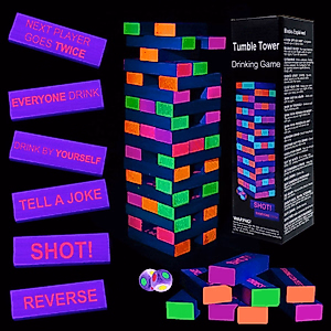 Drinking Games for Adults Party, Black Light Tumble Tower -Glowing Drinking Games Suitable for Day Or Night, 54 Blocks with Hilarious Drinking Commands, Stacking Games for adults party