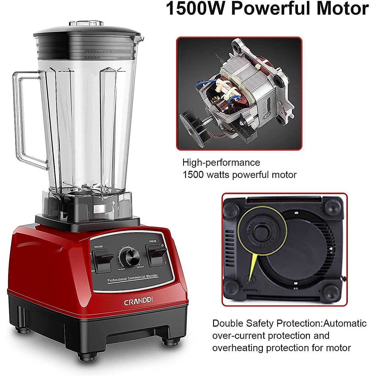 CRANDDI Professional Blender, 1500 Watt Powerful Commercial Blender, Countertop Blender with BPA-FREE 70oz Pitcher, Built-in Pulse & 10-speeds Control, Easy Self-Cleaning, YL-010 (Red)
