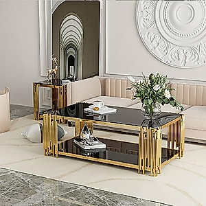 Glass Coffee Table Modern Living Room Table Gold Stainless Steel Metal Leg Rectangular Black Tempered Glass Center Table for Home Office(Black, Coffee Table)