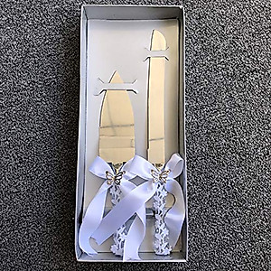 Abbie Home Wedding Cake Knife and Server Set - Flower Wrapped Handle with Silk Bow and Rhinestone Jewelry Décor (Butterfly)
