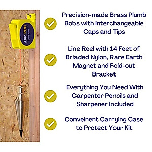AWF PRO Plumb Bob Kit - 16 oz and 8 oz Solid Brass Plumb Bobs, 14 ft Retractable Line Reel with Magnetic Base, 2 Pencils, Pencil Sharpener, Carrying Case