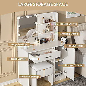 Makeup Vanity Desk with Lighted Mirror & Power Strip,Makeup Vanity Table with Lights and Lots Storage,3 Lighting Modes,35in Large Drawers Dressing Table,White