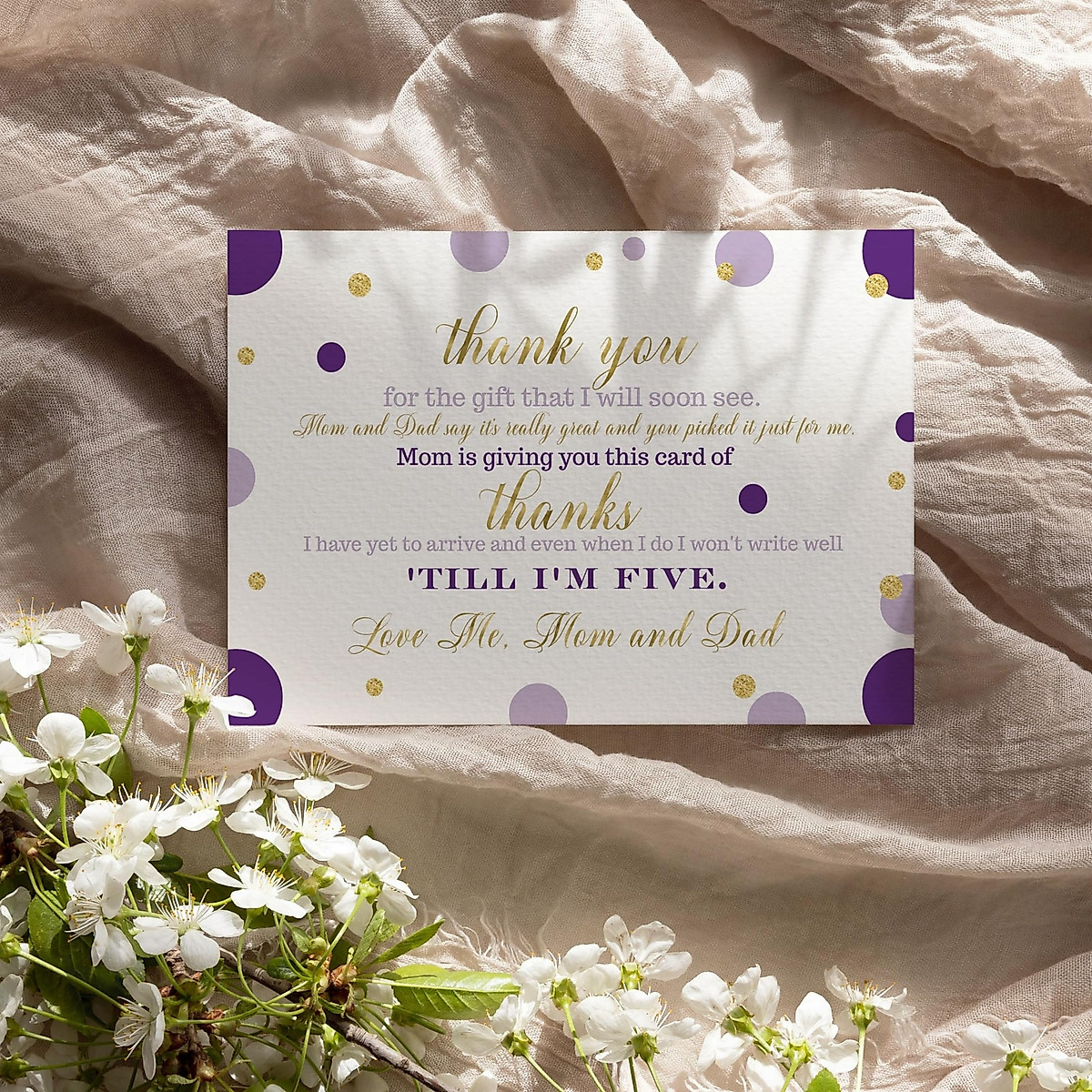 Paper Clever Party 25 Purple and Gold Baby Thank You Cards Pack – Cute Baby Shower Notes with Envelopes, Prefilled Message, Customizable Blank Stationery, Princess Theme, New Parents Gift Ideas