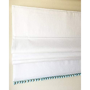 LOGANOVA Flat Faux Linen Roman Shade. White With Baby Blue Pom Pom Trim and Chain Mechanism - Custom Shade