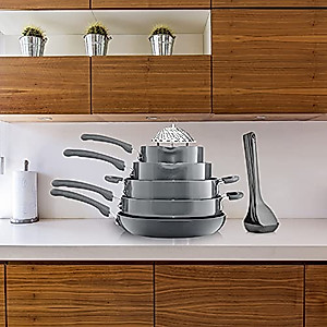 NutriChef Kitchenware Cookware, Non-Stick Pans and Pots with foldable Knob, Space Saving, Stackable, Nylon -Tools, Induction Base, Gray (17-Piece Set), One Size