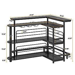 Tribesigns Home Bar Unit, 4 Tier L Shaped Liquor Bar Table with Storage, Elevated Countertop, Wine Glasses Holder, and Footrest, Corner Wine Bar Table for Party Home Kitchen Pub Living Room, Black